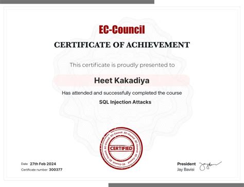 completed sql injection attacks course by ec council heet kakadiya