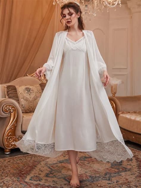 Lace Trim Slip Dress And Self Belted Robe Pajama Set Pigiama Di Seta