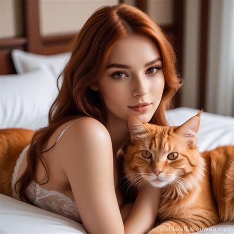 Young Woman In Lingerie On Bed With Fluffy Ginger Cat Beautiful