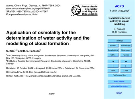 Pdf Application Of Osmolality For The Determination Of Water Activity And The Modelling Of