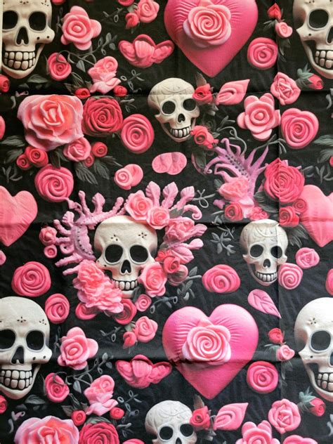 Hot Pink And Black Hearts Skulls And Roses Custom Cotton Fabric Large