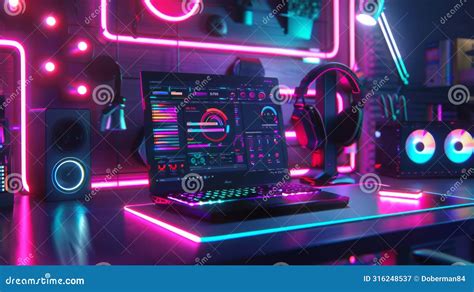 High Tech Gaming Setup With Vibrant Neon Lights Featuring A Powerful Laptop Headset And