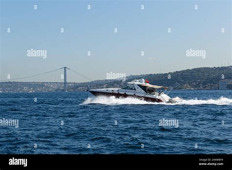 Power Boat Taxi In Bosphorus Strait Moving Fast And Splashing Water