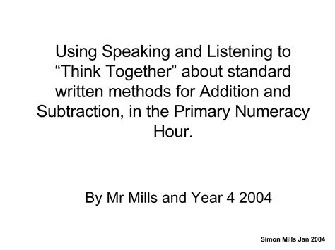 Using Mental Methods To Construct A Standard Written Method For Addition And Subtraction Pps