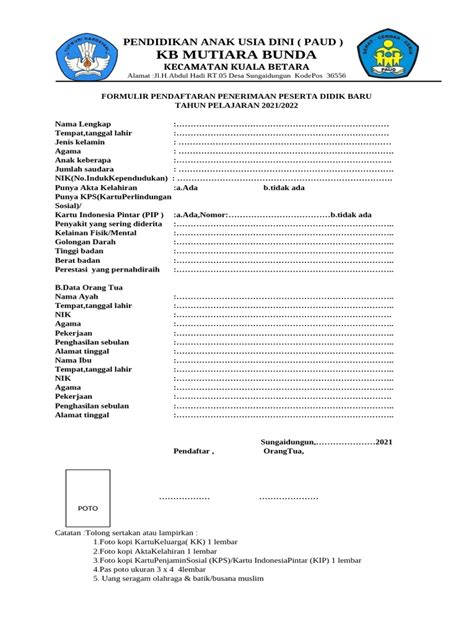 Formulir Ppdb Kb Mb Pdf