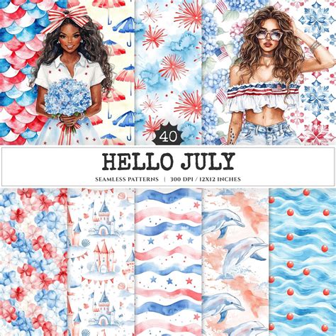Hello July Seamless Patterns Patriotic 4th Of July Digital Paper Jpeg Etsy
