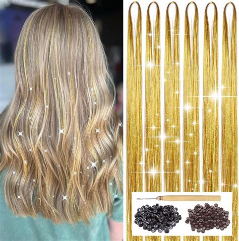 Gold Hair Tinsel Kit With Tool 6pcs 1200 Strands Glitter