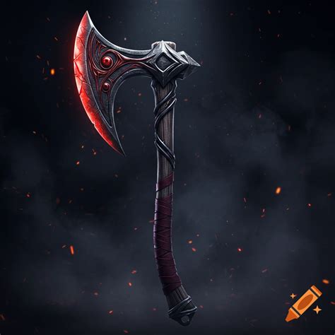 A Dark Stylized Fantasy Axe With A Glowing Red Blade And Ornate