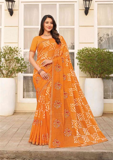 Laxmipati Mirinda Orange Chiffon Floral Embroidered Saree
