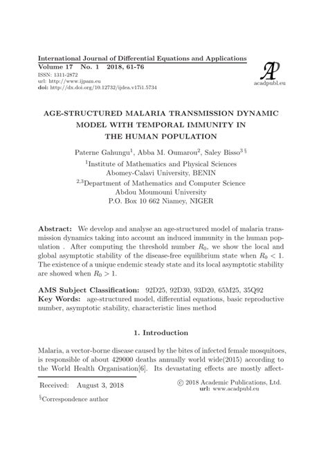 Pdf Age Structured Malaria Transmission Dynamic Model With Temporal