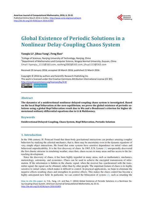 Pdf Global Existence Of Periodic Solutions In A Nonlinear Delay Coupling Chaos System