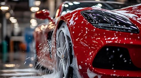Red Sports Car Being Washed With Soapy Water Premium Ai Generated Image