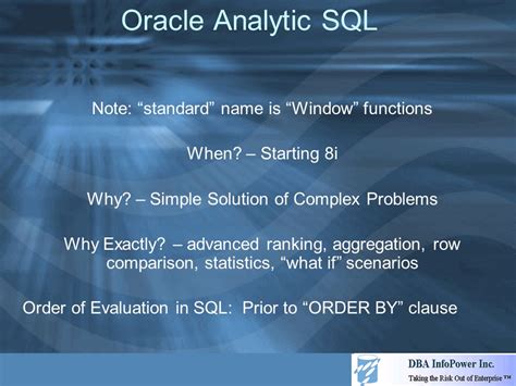 oracle analytic sql ncoug 2008 by ron warshawsky cto dba infopower