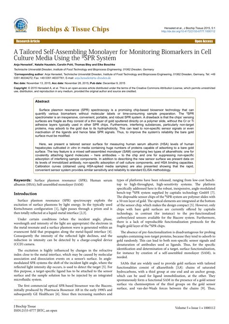 Pdf A Tailored Self Assembling Monolayer For Monitoring Biomarkers In Cell Culture Media Using