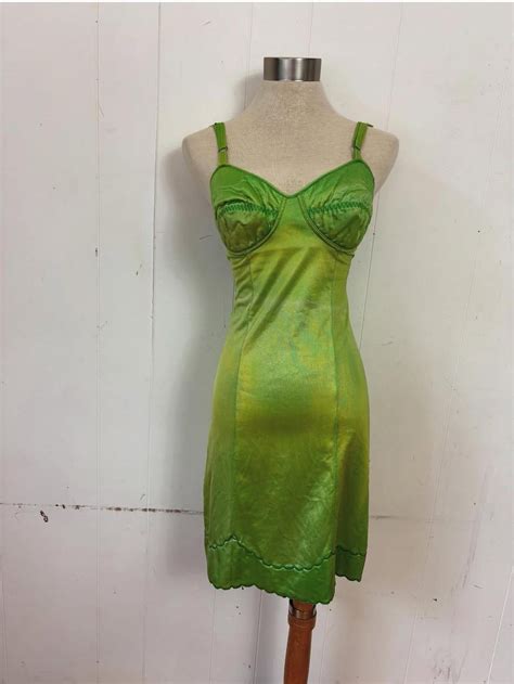 1970s Acid Green Padded Bullet Bra Style Slip Dress Festival Wear
