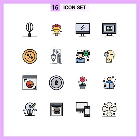Pictogram Set Of 16 Simple Flat Color Filled Lines Of Automation Money Monitor Credit Screen