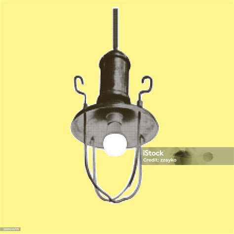 레트로 램프 빈티지 전구 장비 하프톤 트렌디한 잘라낸 종이 콜라주 요소는 노란색 배경 물방울 무늬 팝 아트 스타일 질감 벡터 일러스트 레이 션에 고립 되어 있습니다 개념에