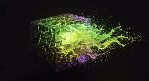 Neon Green And Purple Liquid Exploding From A Circuit Board Cube Stock