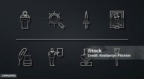 세트 라인 강의 깃털과 잉크병 초상화 박물관 고대 흉상 조각 박물관 가이드 돋보기 페인트 브러시 및 단검 아이콘을 제공합니다 벡터 검색에 대한 스톡 벡터 아트 및 기타