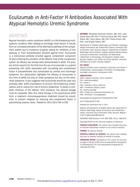 Pdf Eculizumab In Anti Factor H Antibodies Associated With Atypical