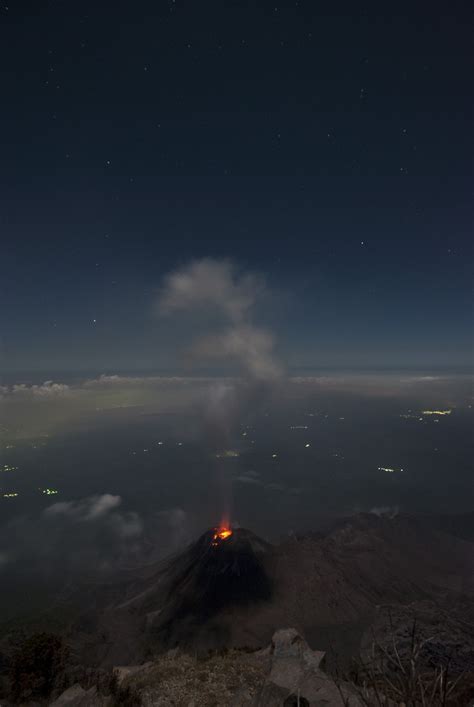 A Plume Of Gas Rises From The Incandescent Crater Of Santiaguito