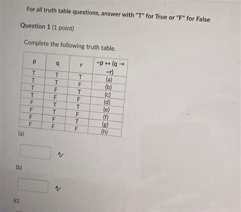 Solved For All Truth Table Questions Answer With T For