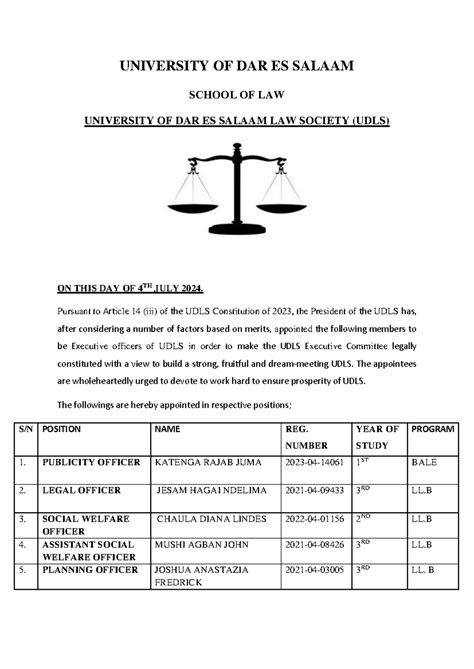 Udls Appointment Public Notice 2024 University Of Dar Es Salaam