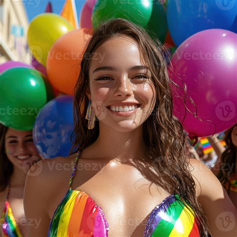 Happy Young Woman In Rainbow Bikini At Pride Parade 54349441 Stock