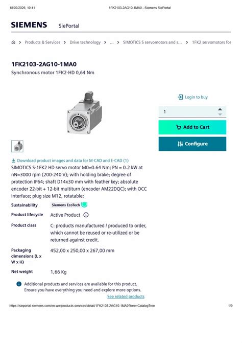 Siemens Simotics S 1fk2 Servo Motor 1fk2103 2ag10 1ma0 02 Kw At