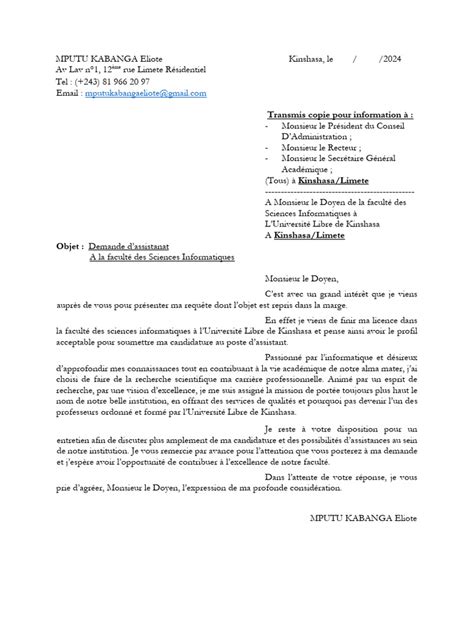 Lettre Dassistanat Eliote Mputu Pdf