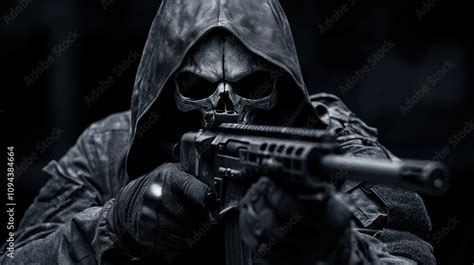 Special Soldier Wearing Skull Hood As Camouflage Aiming Assault Rifle
