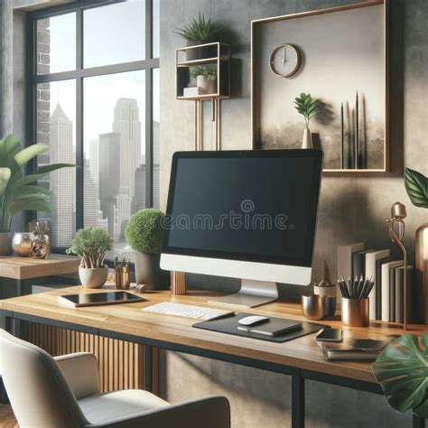 Computer Desk With Monitor And Keyboard Organized Workspace Set Up Stock Image Image Of