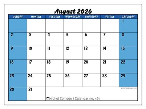 Printable August 2026 Calendar Dynamic Organization Michel Zbinden