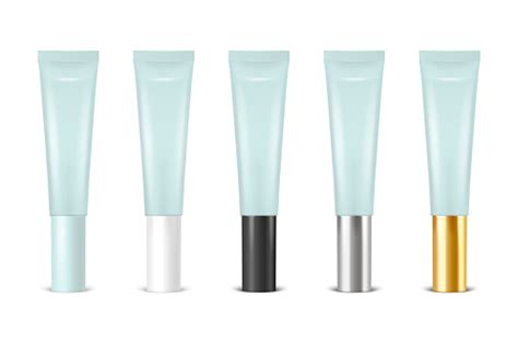 벡터 3d 사실적인 플라스틱 금속 블루 립 밤 립스틱 크림 튜브 흰색 배경에 격리 된 포장 세트 치약 화장품 크림 칫솔질용 치아 페이스트 의 디자인 템플릿 전면 보기 3차원