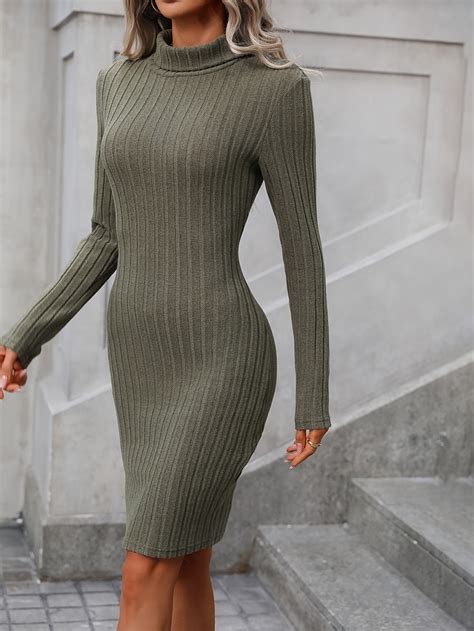 Ribbed Turtleneck Bodycon Dress Elegant Solid Long Sleeve Dress Women