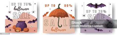 할로윈 오렌지와 보라색 프로모션 판매 배너 카드 디자인 세트 호박 우산 안구 박쥐 트릭 또는 치료 디자인 포스터 전단지 웹