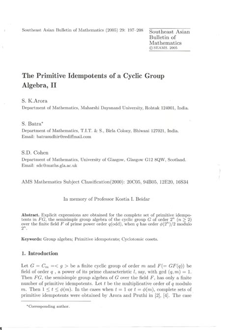 Pdf The Primitive Idempotents Of A Cyclic Group Algebra Ii