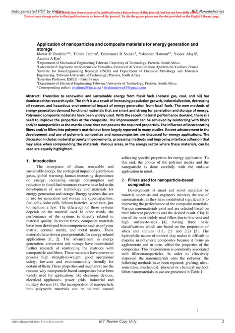 PDF Application Of Nanoparticles And Composite Materials For Energy Generation And Storage