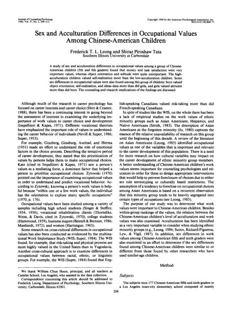 Pdf Sex And Acculturation Differences In Occupational Values Among