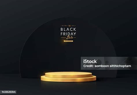 사실적인 3d 골든 실린더 받침대 연단과 세미 서클 장면 고급 배경 블랙 프라이데이 판매 개념 모형 제품 무대 쇼케이스 프로모션 디스플레이를위한 벡터 추상 최소 장면 블랙