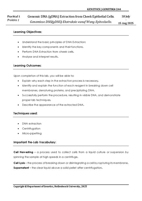 Genetics Genetika 244 Practical 1 Gdna Extraction From Cheek Cells
