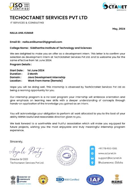 Anil Kumar Nalla On Linkedin Internship Techoctanet Javadevelopment Careergrowth Grateful