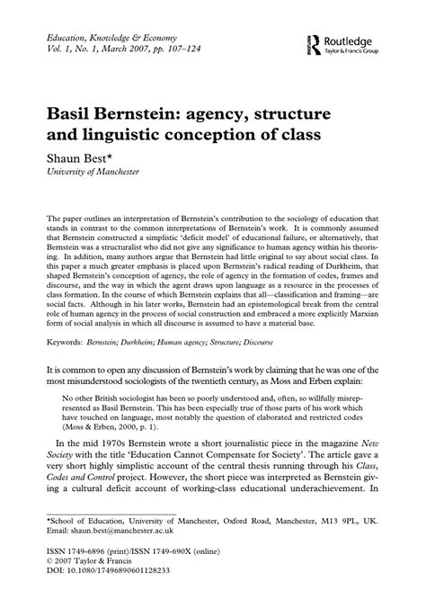 Pdf Basil Bernstein Agency Structure And Linguistic Conception Of Class
