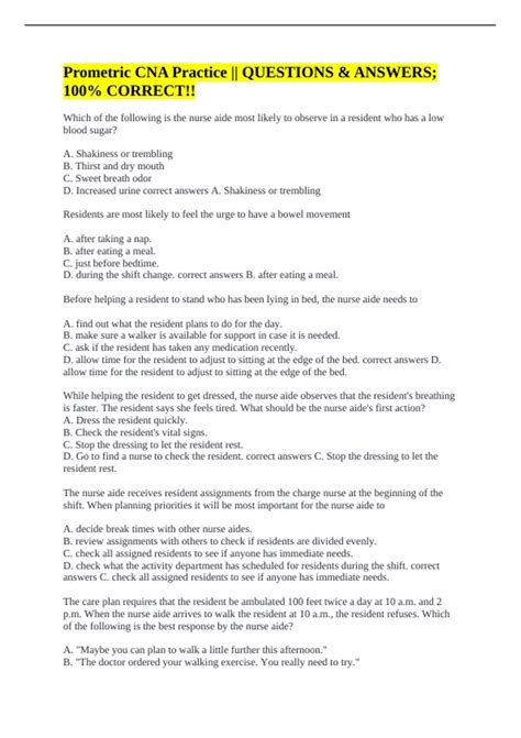 Prometric Cna Practice 100 Correct Questions And Answers For Exam Success Cna Certified