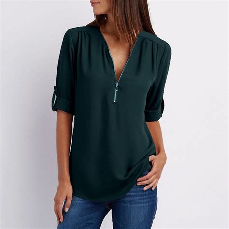 Gotyou Womens Plus Shirts Fashion Commuting Zipper V Neck Rollable