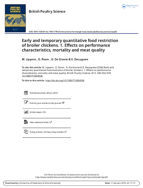 Pdf British Poultry Science Early And Temporary Quantitative Food Restriction Of Broiler