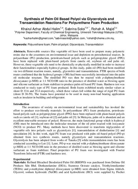 Pdf Synthesis Of Palm Oil Based Polyol Via Glycerolysis And Transamidation Reactions For