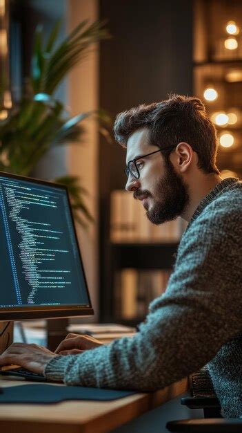 Young Software Developer Typing Code On Desktop Computer In A Cozy Home