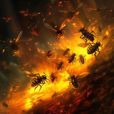 Premium Photo A Painting Of A Swarm Of Bees Flying Over A Fire