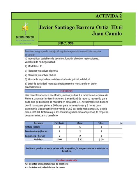 actividad 2 método simplex primal dual pdf informática teórica